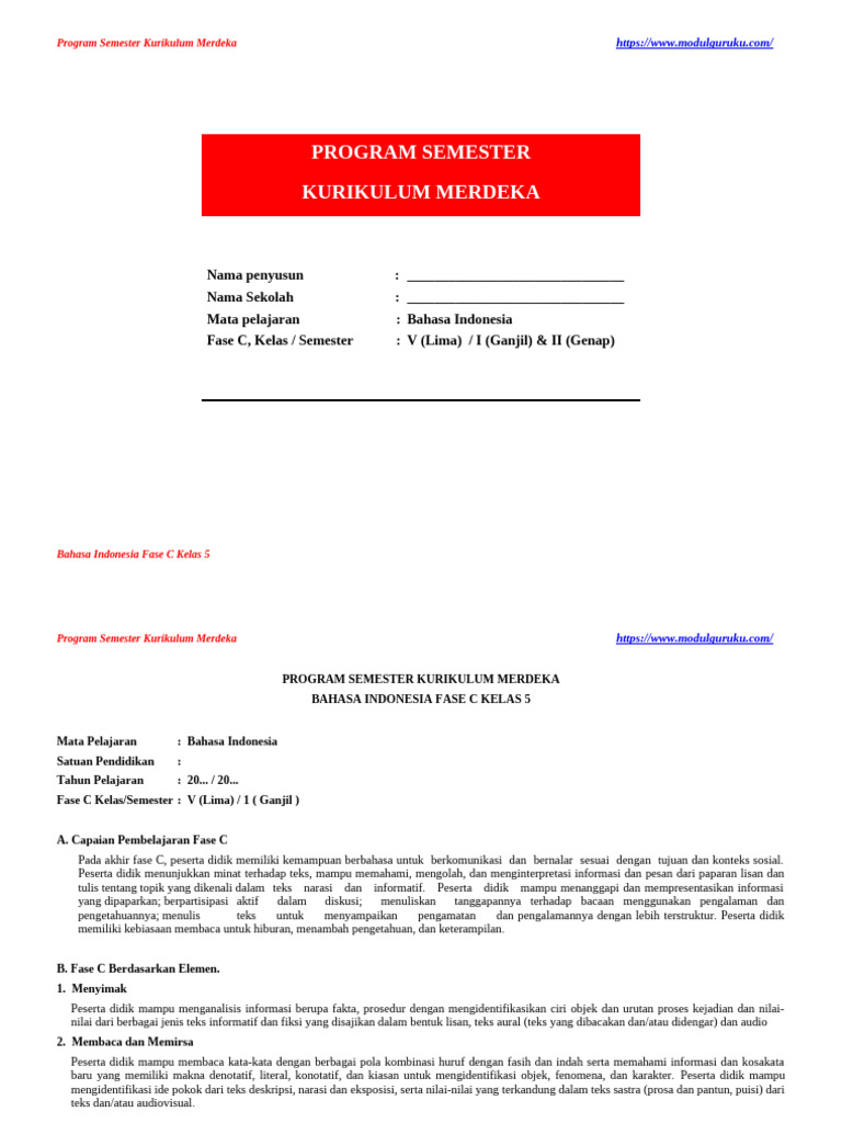 Prosem Bahasa Indonesia Kelas 5 Kurikulum Merdeka (Modulguruku - Com) | PDF