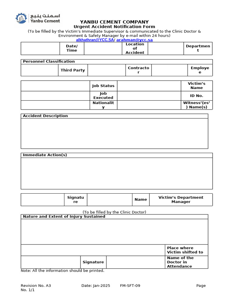 FM-SFT-09 Urgent Accident Notification Form | PDF | Safety