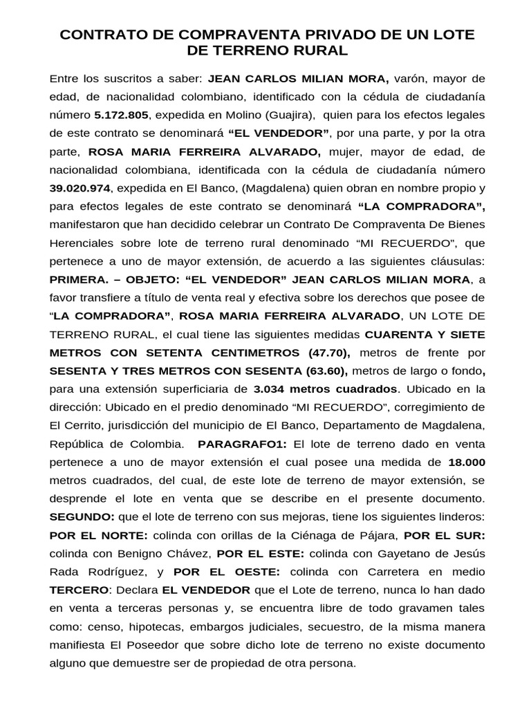 Contrato de Compraventa de Lote de Terrenos Rural Bienes Herenciales ...
