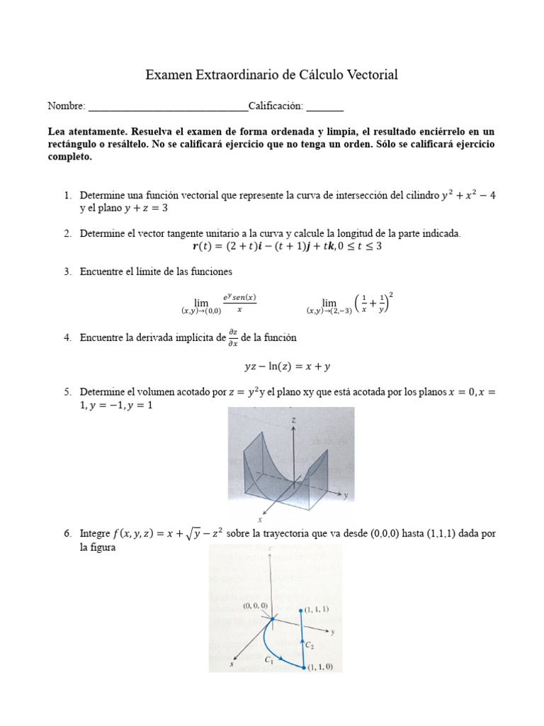 Examen Extraordinario de Cálculo Vectorial | PDF | Vector Euclidiano | Curva