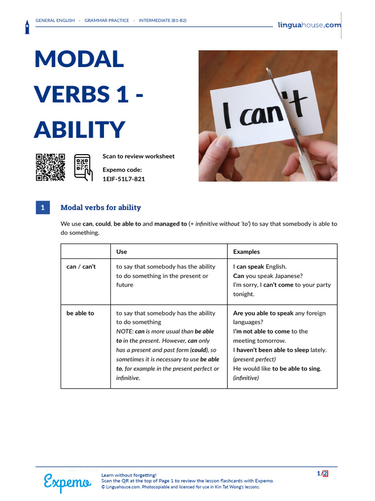 Modal Verbs for Ability Exercises | PDF | English Language | Language ...