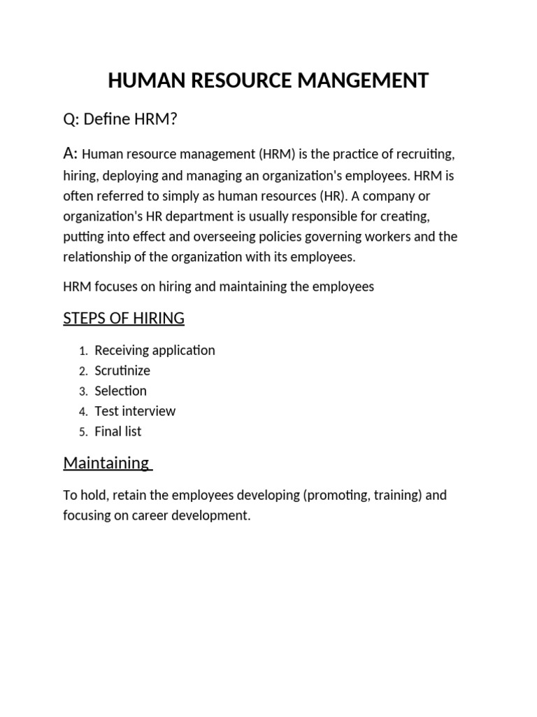 Human Resource Mangement Notes | PDF | Recruitment | Human Resource ...