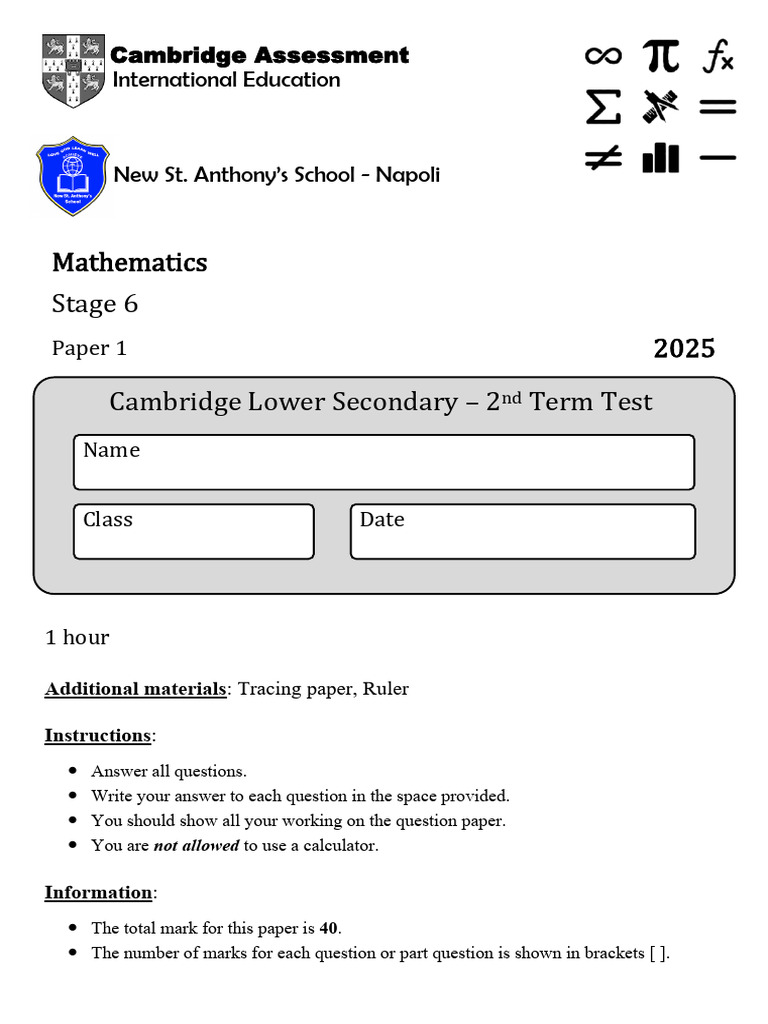 Cambridge Grade 6 Maths Term 2 Test | PDF | Dice