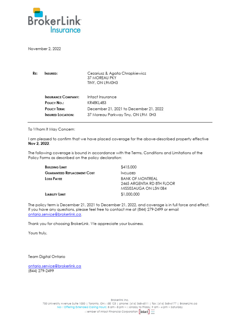 Insurance Confirmation for Chrapkiewicz | PDF