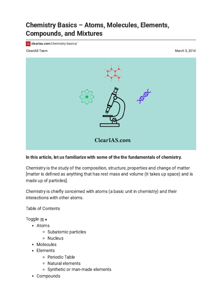 Chemistry Basics - Atoms, Molecules, Elements, Compounds, and Mixtures ...