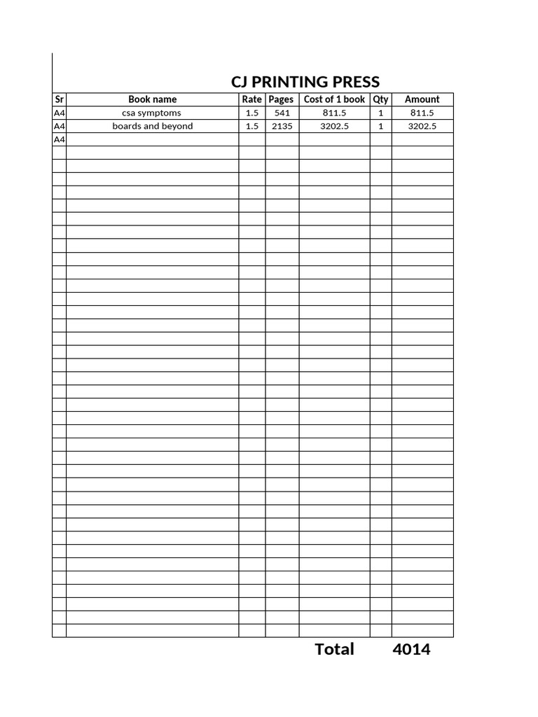 CJ Printing Press: SR Book Name Rate Pages Cost of 1 Book Qty Amount | PDF