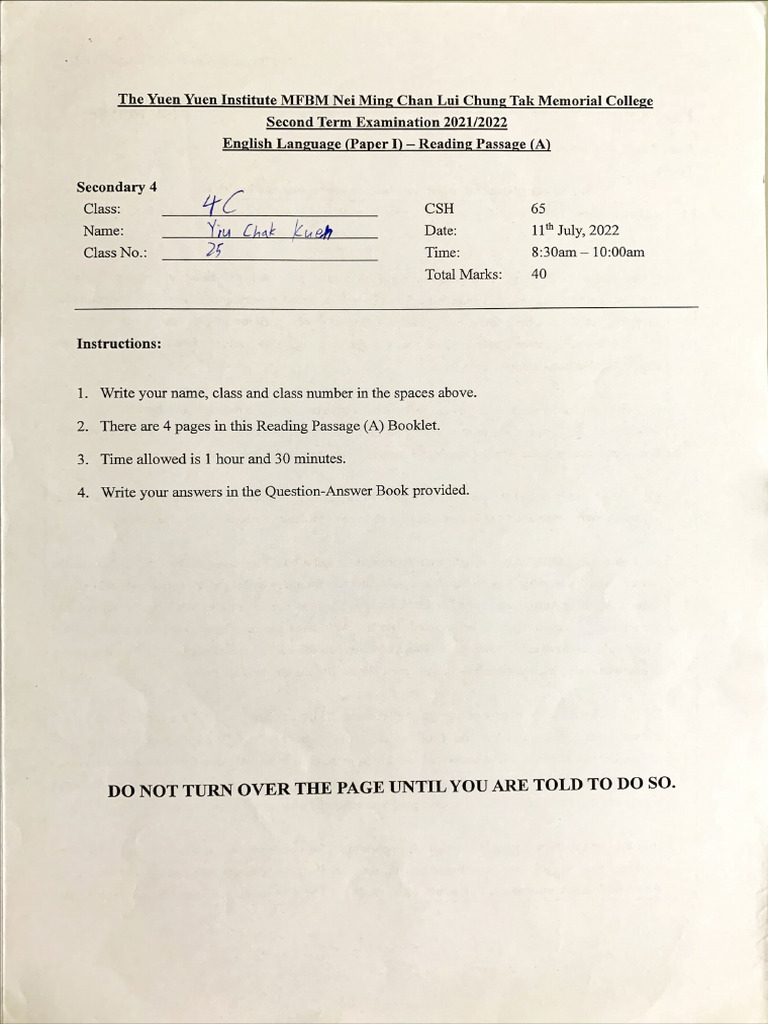 S4 Eng Final Exam Paper 1A (2021-2022) | PDF