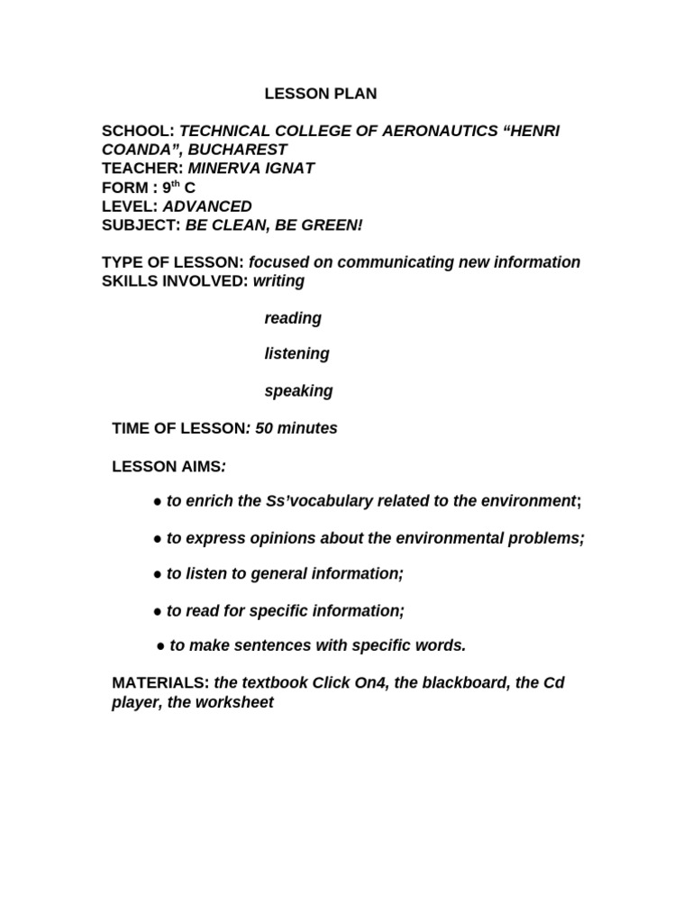 Lesson Plan Be Clean Be Green A Ixa | PDF | Natural Environment | Human ...