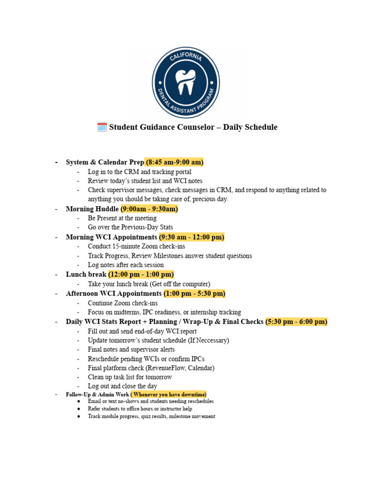 ? Student Guidance Counselor - Daily Schedule | PDF