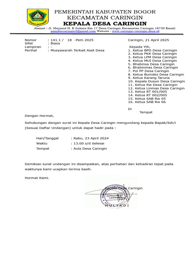 Undangan Musyawarah Aset Desa | PDF