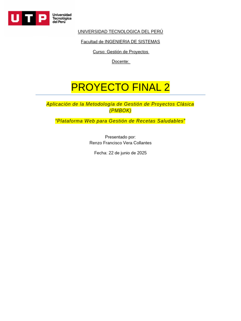 Proyecto Final 2 VidaFit Renzo Vera | PDF | Gestión de proyectos | Presupuesto