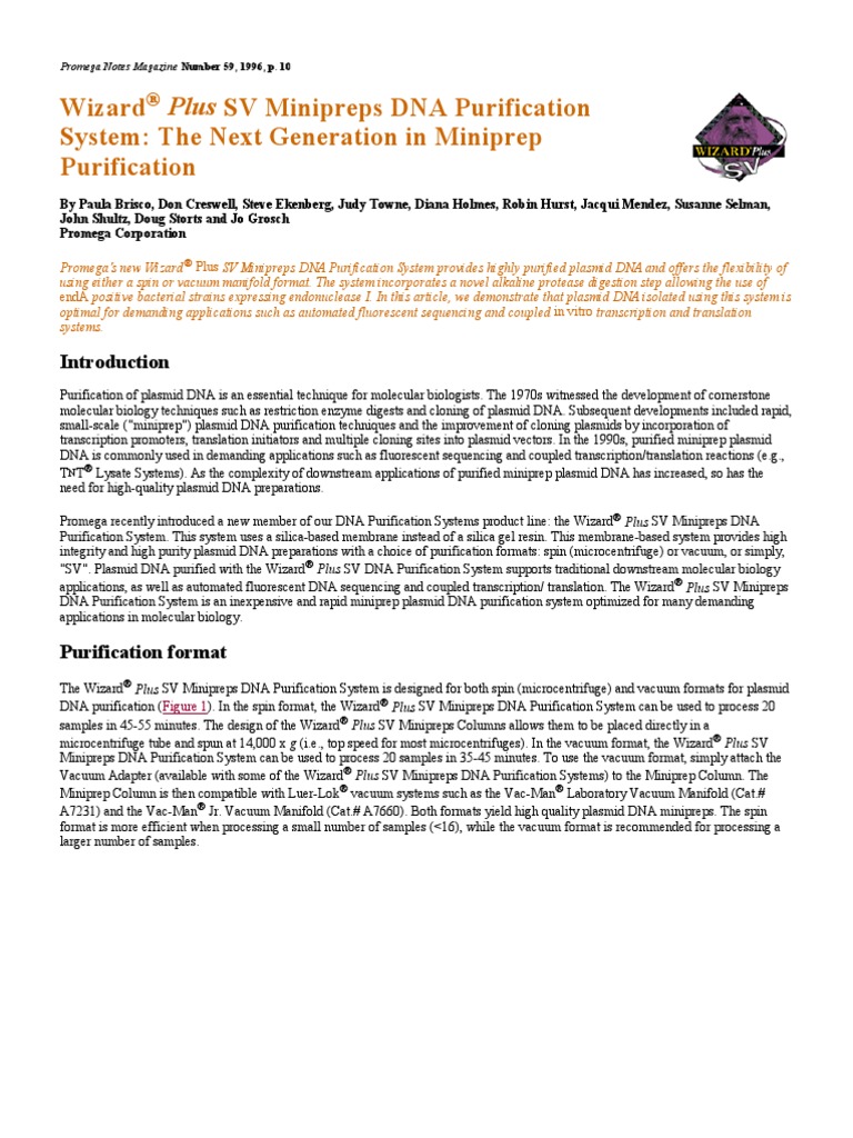 Wizard Plus SV Minipreps DNA Purification System - The Next Generation ...