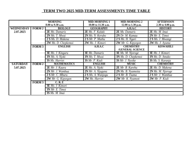 Mid-Term Exam Term Two 2025 Timetable | PDF