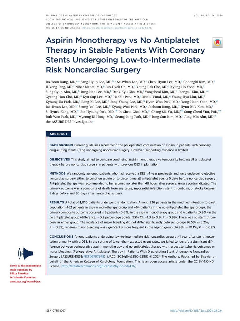 Ahn Et Al Aspirin Monotherapy Vs No Antiplatelet Therapy in Stable ...