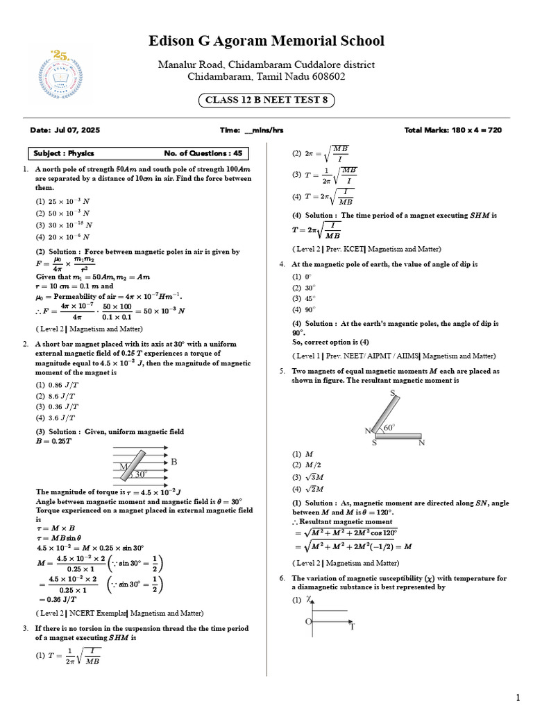 Class 12 B Neet Test 8 Solution | PDF | Magnetism | Ferromagnetism