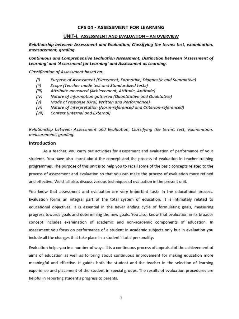 CPS 04-Unit-1. Assessment For Learning - 110546 | PDF | Educational Assessment | Learning