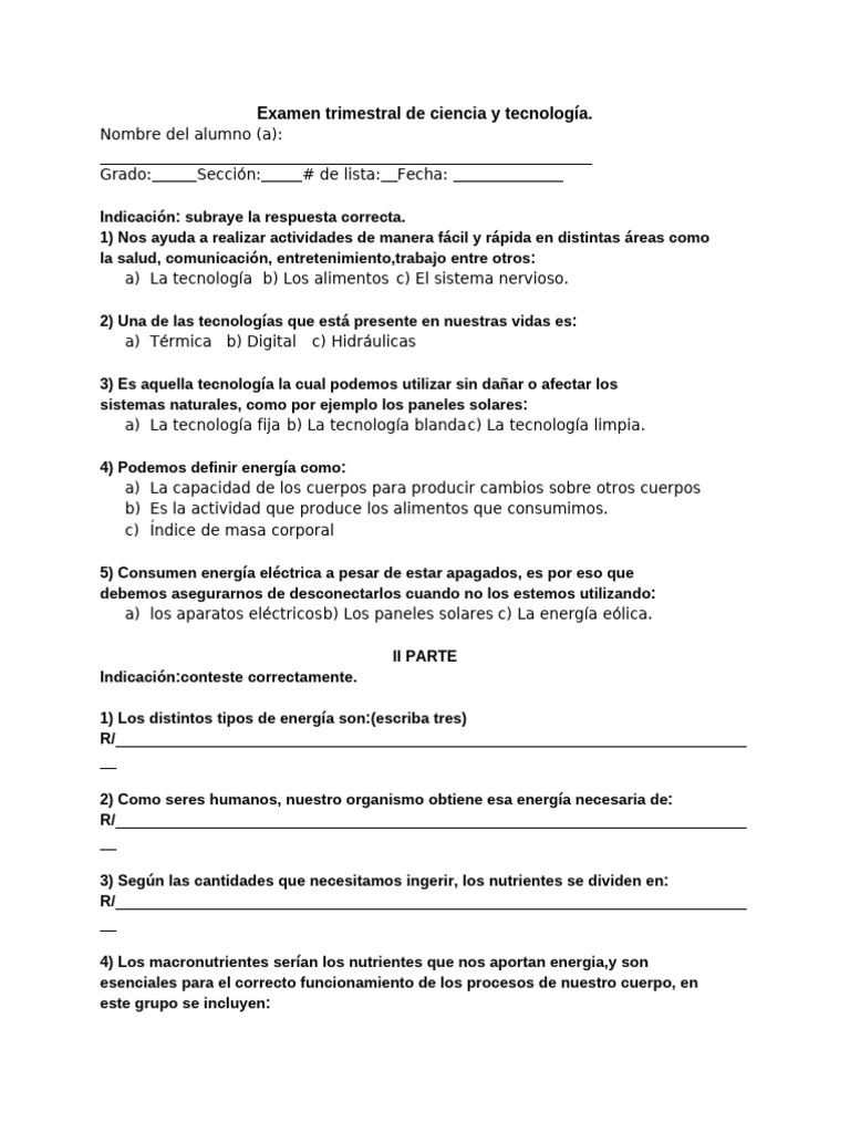 Examen Trimestral de Ciencia y Tecnología | PDF