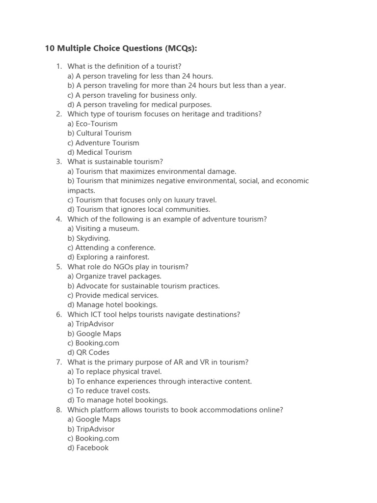 10 Multiple Choice Questions | PDF | Tourism