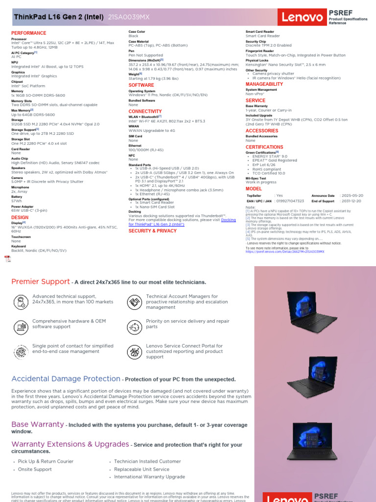 Lenovo ThinkPad L16 Gen 2 Intel Owner's Manual | PDF | Usb | Personal Computers