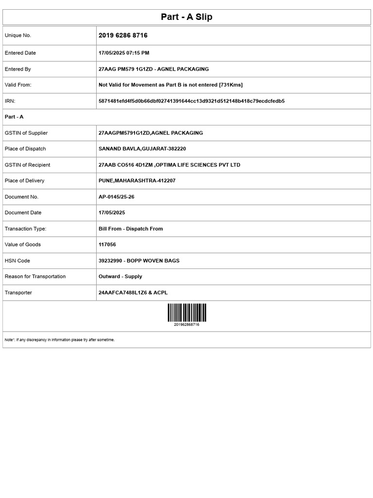 E-Way Bill Part A Slip Details | PDF
