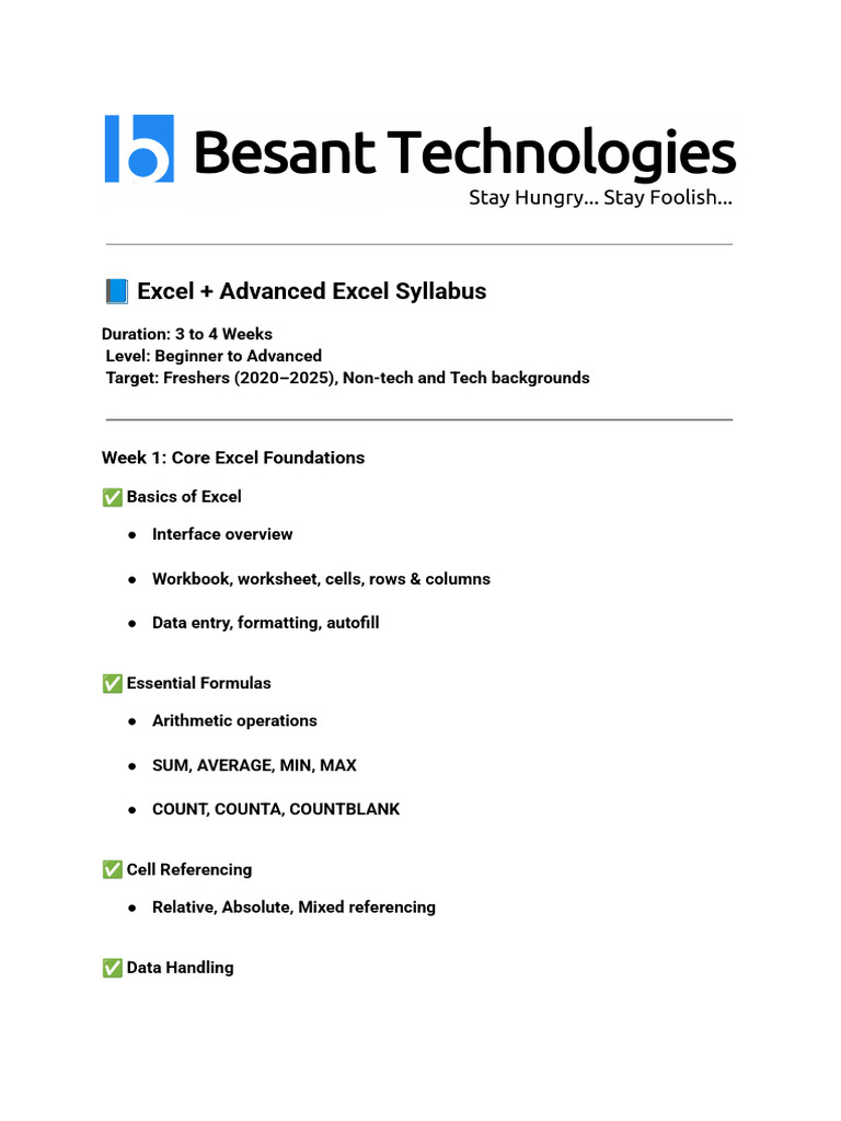 Excel + Advanced Excel Syllabus | PDF | Microsoft Excel | Information Science