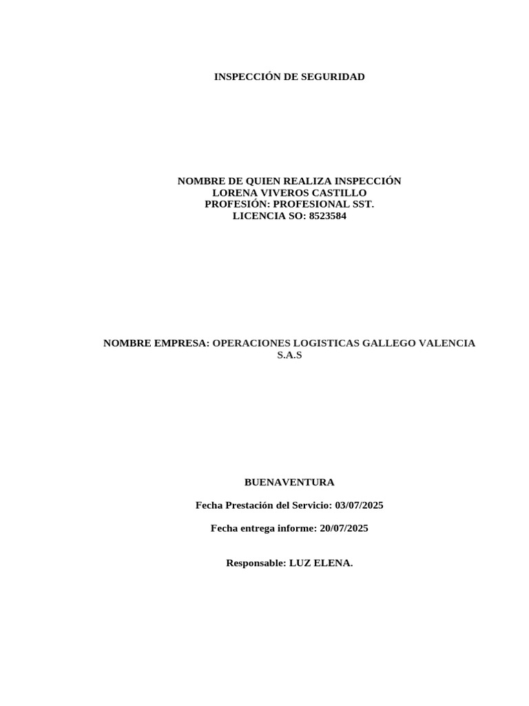 Informe Inspeccion de Seguridad - Opg | PDF | Seguridad y salud ocupacional | Higiene