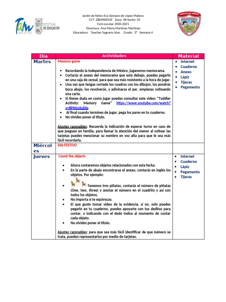 Planeación Inglés. Semana 4 | PDF