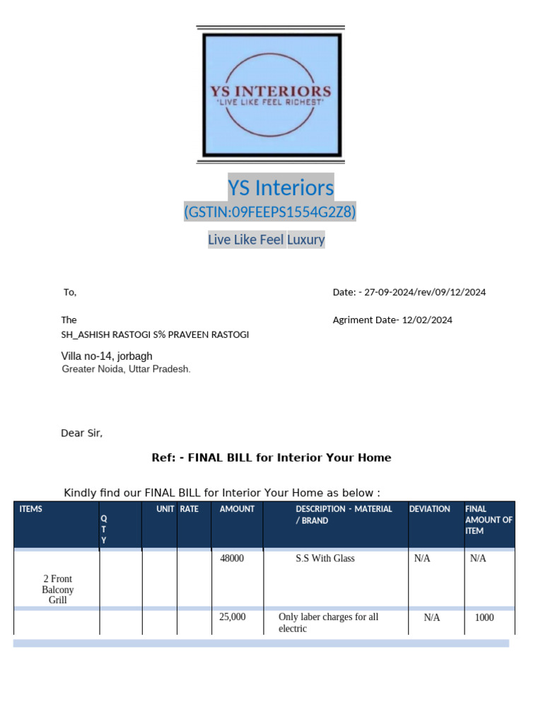 Final Interior Bill for Your Home | PDF | Interior Design | Building ...