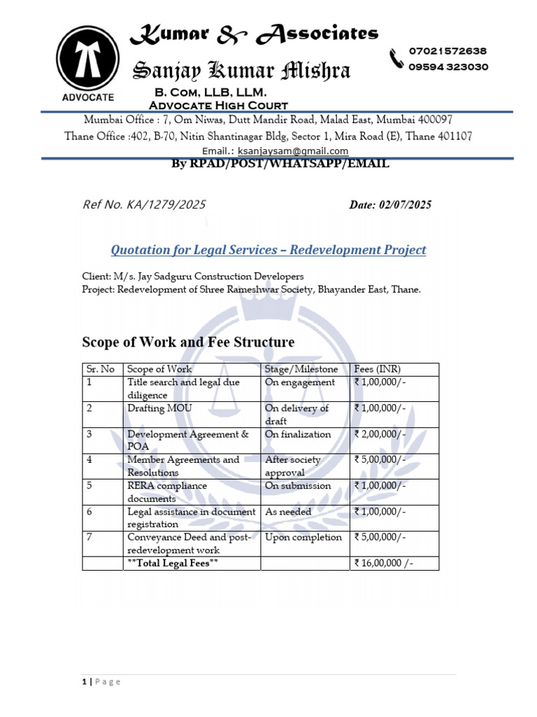 Legal Fees for Redevelopment Services | PDF | Justice | Crime & Violence