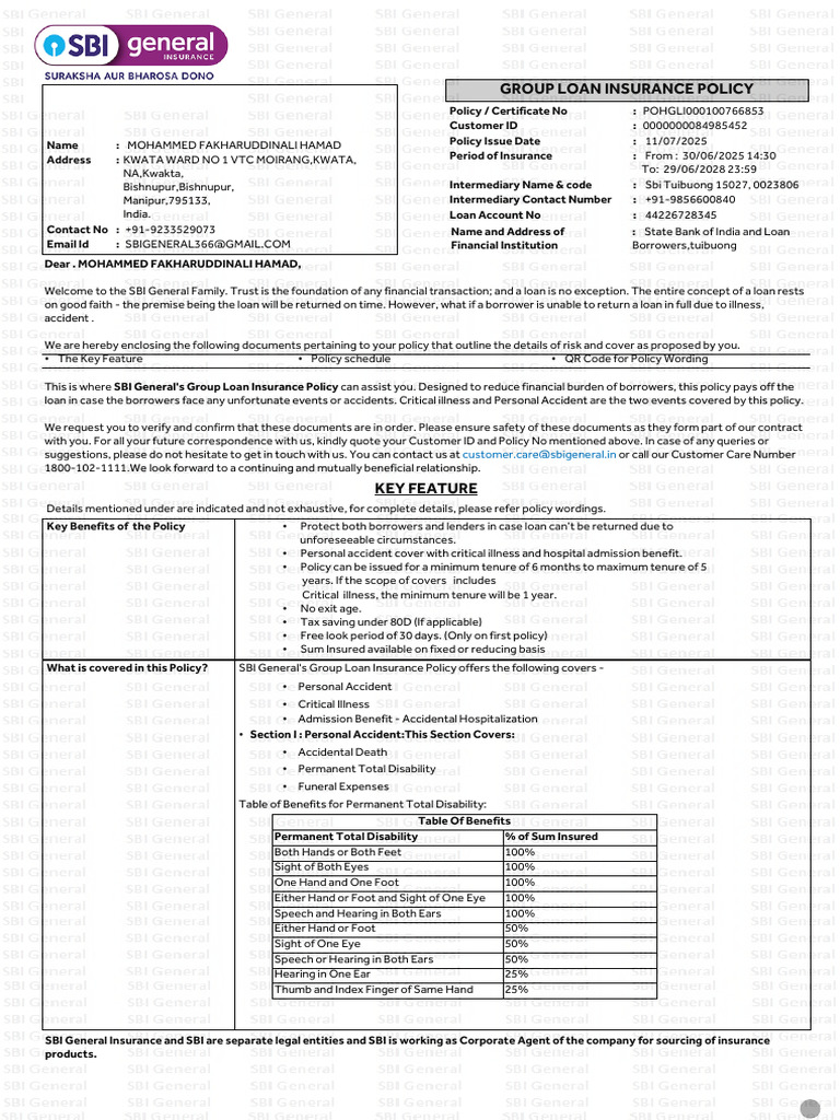 SBI Group Loan Insurance Policy Details | PDF | Myocardial Infarction ...