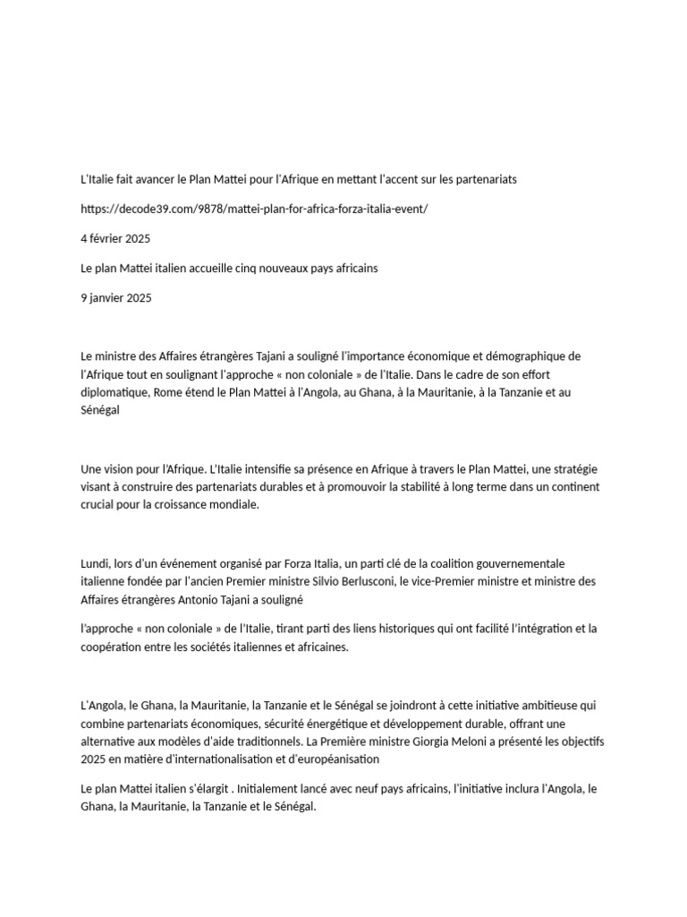 Italie : Expansion du Plan Mattei en Afrique | PDF | Afrique | Italie