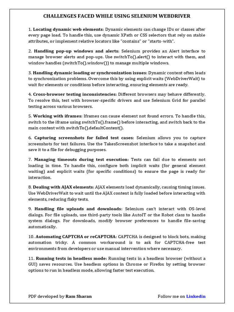 Challenges Faced While Using Selenium Webdriver | PDF | Selenium (Software) | Http Cookie