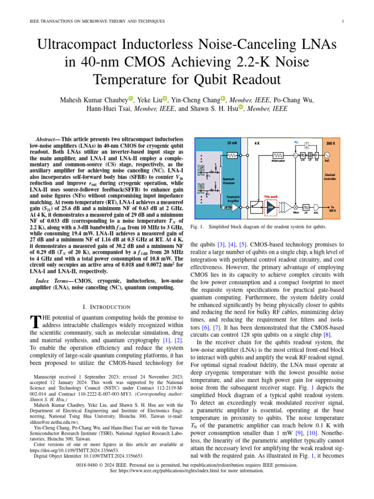 TMTT Noise Canceling LNAs 40nm CMOS 2.2-K Noise Temperature For Qubit Readout | PDF | Amplifier ...