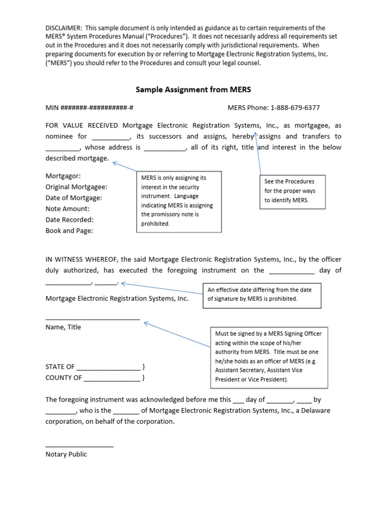 MERS Assignment of Mortgage Template | PDF | Mortgage Law | Common Law