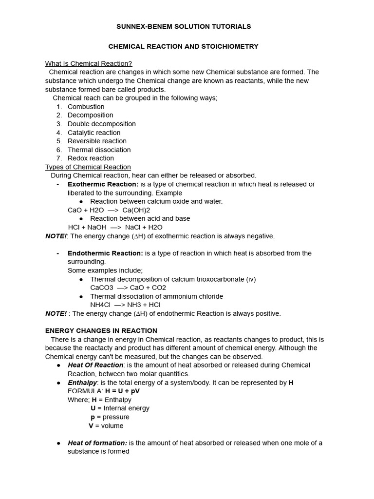Chemical Reactions and Stoichiometry Guide | PDF | Chemical Reactions ...