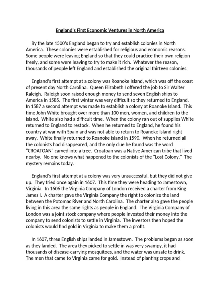 Reading, Questions Roanoke and Jamestown | PDF | Roanoke Colony ...