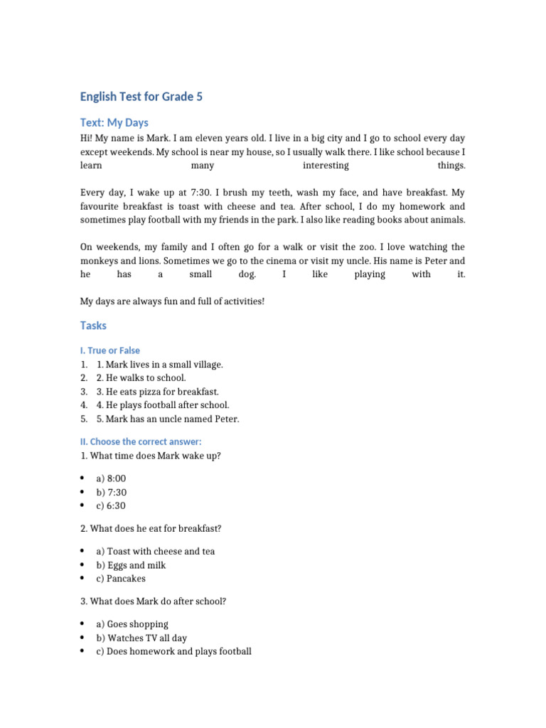 English Test Grade 5 2 | PDF