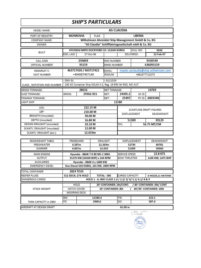 AS Claudia Vessel Specifications | PDF | Ships | Tonnage