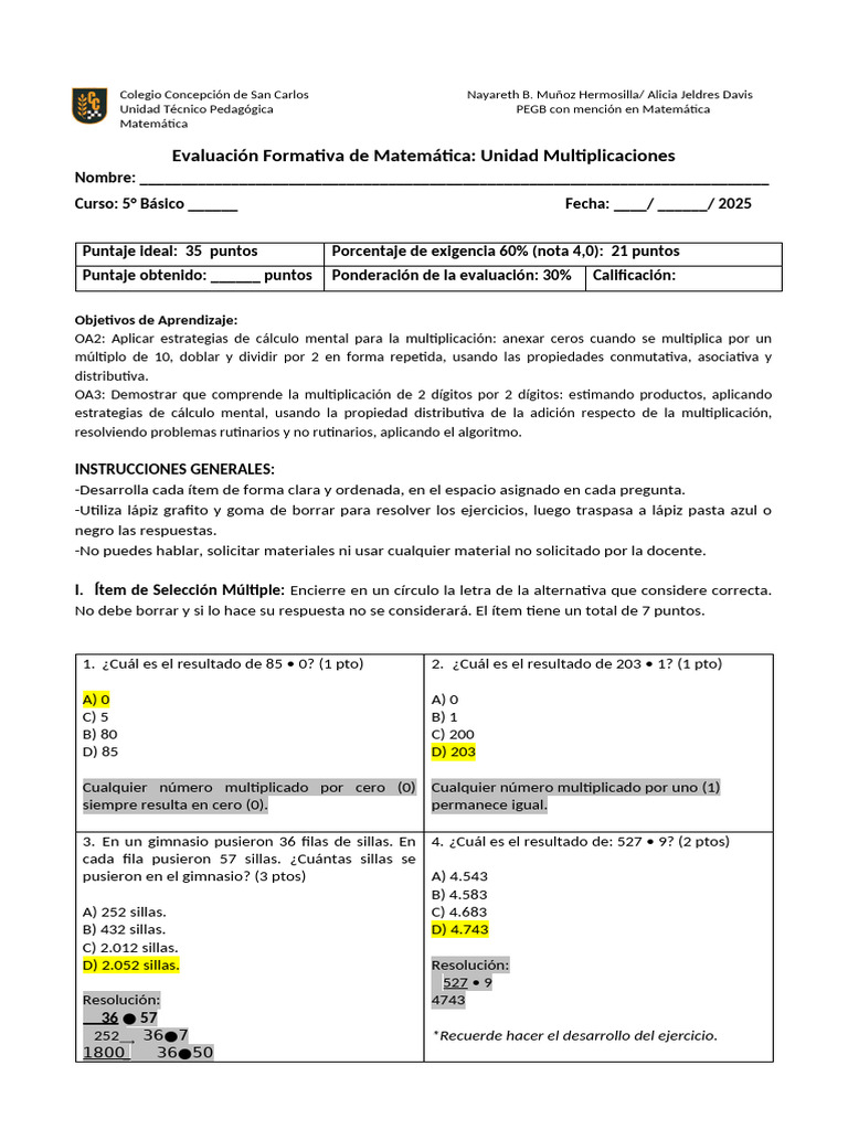 U2 Multiplicación - Evaluación Formativa 5 | PDF | Multiplicación | Lápiz
