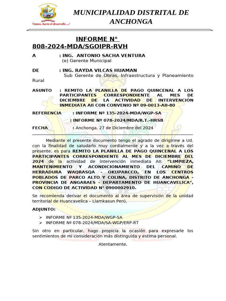 Informen°000-2024 Remito La Planilla de Pago Quincenal | PDF