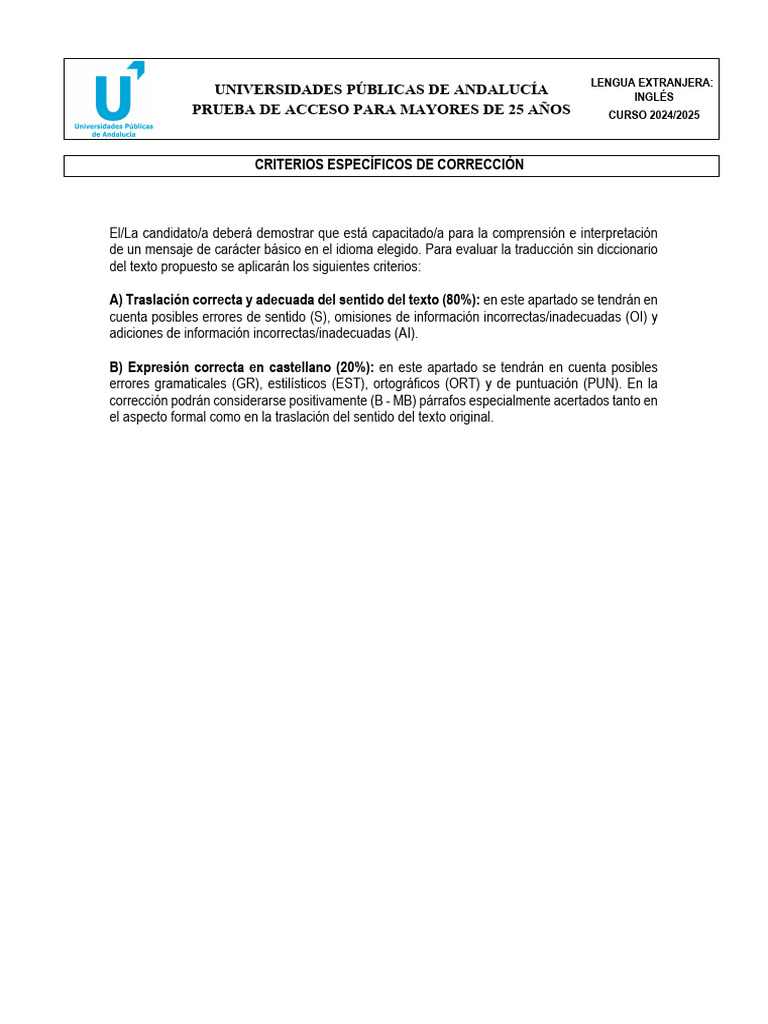 Criterios - LENGUA EXTRANJERA - INGL S | PDF