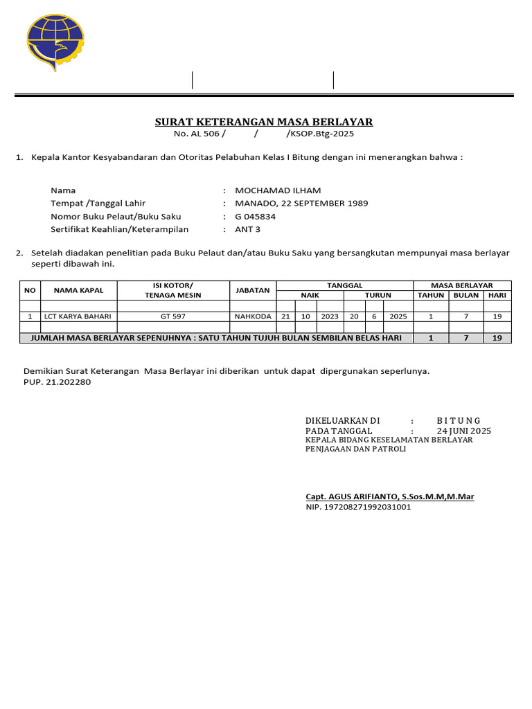 Surat Keterangan Masa Berlayar 2025 | PDF