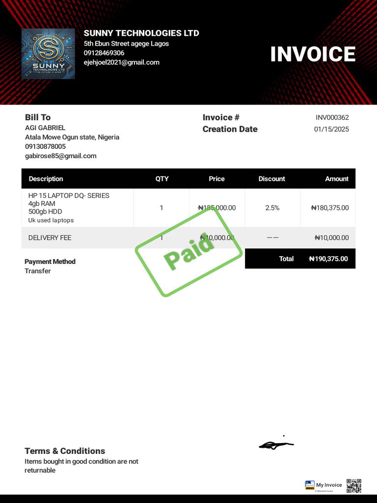 Professional Invoice for Laptop Purchase | PDF