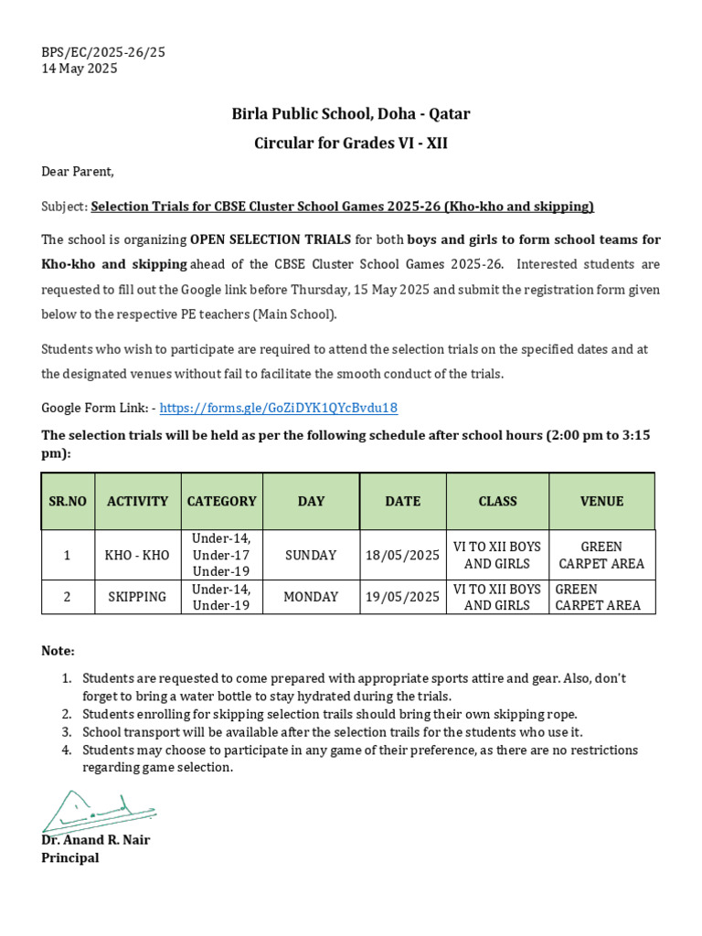 Selection Trials for CBSE Games 2025-26 | PDF