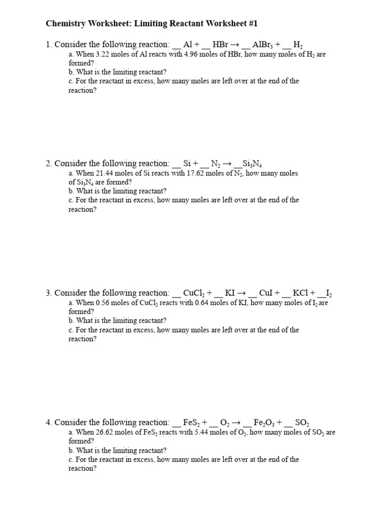 11 Limiting Reactant WS 1 With Key | PDF | Mole (Unit) | Stoichiometry