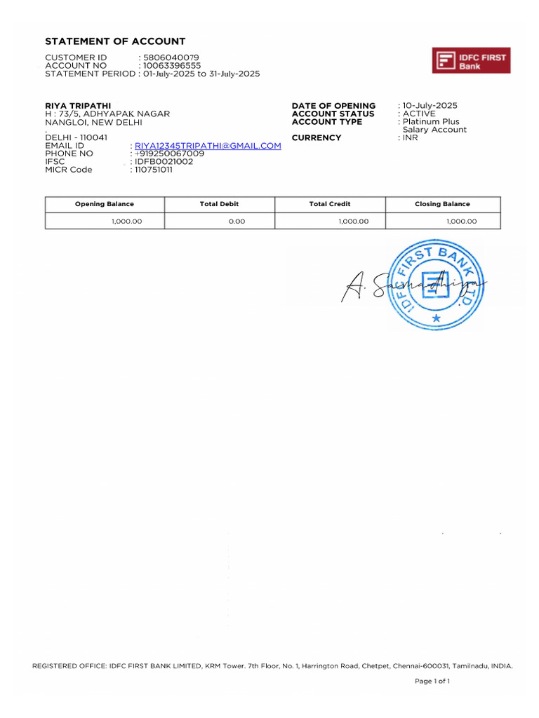 Riya Tripathi IDFC Bank Details | PDF