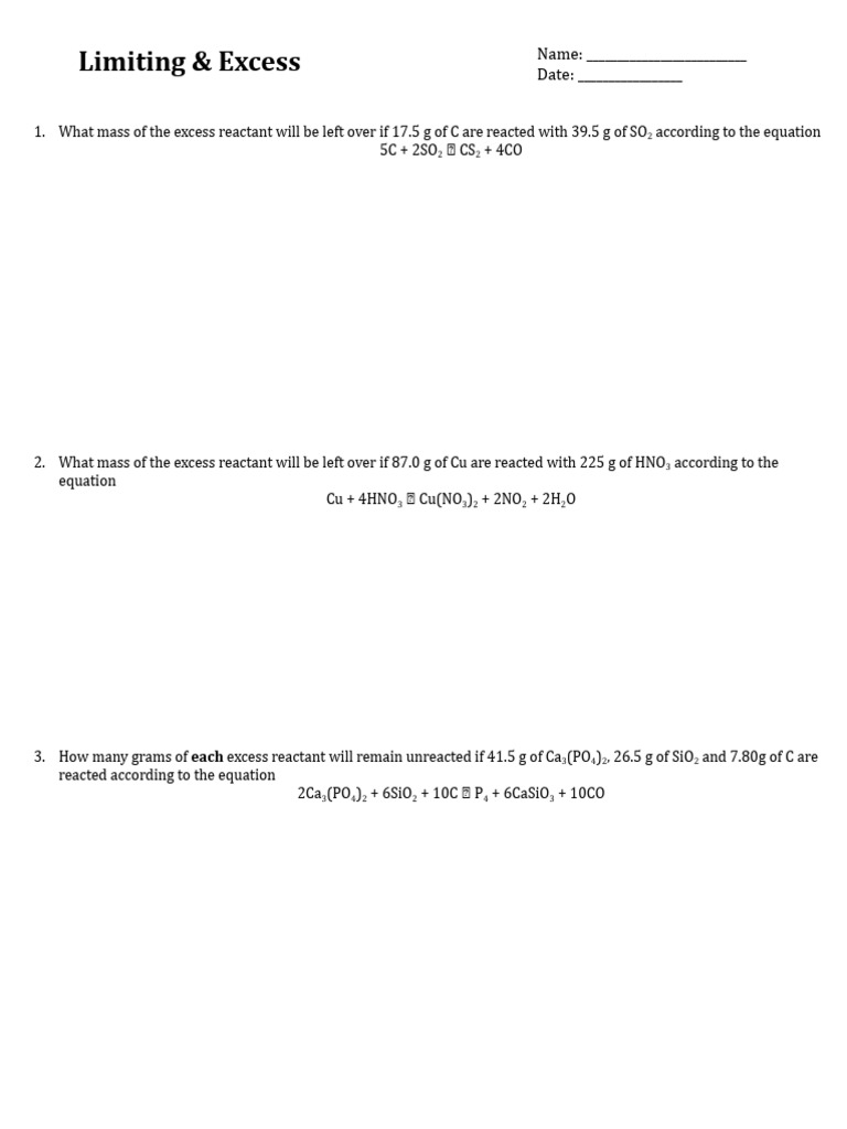14 Limiting Reactant WS 6 Calculating XS Remaining | PDF