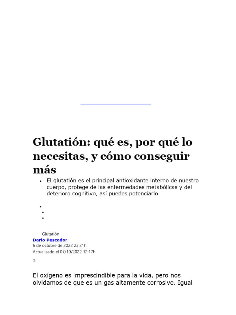Glutatión Que Es Como Se Consigue y Los Riesgos | PDF | Glutatión | Antioxidante