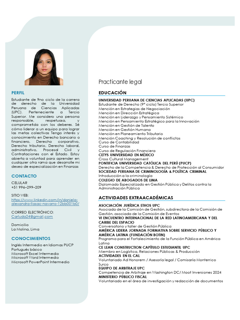 Daniela Llasac Navarro Practicante CV CVL | PDF | Administración Pública | Perú