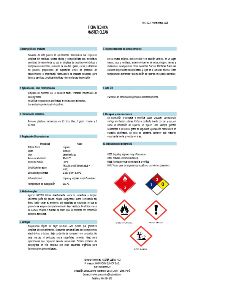 Ficha Tecnica Master Clean | PDF | Solvente | Materiales